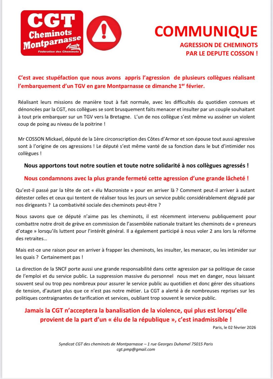 SÛRETÉ : Agression de cheminots par Mickaël Cosson, Député des Côtes d ...